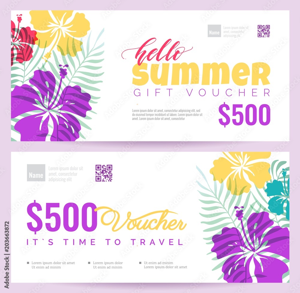 Collection of summer gift vouchers. Gift certificate for a holiday ...