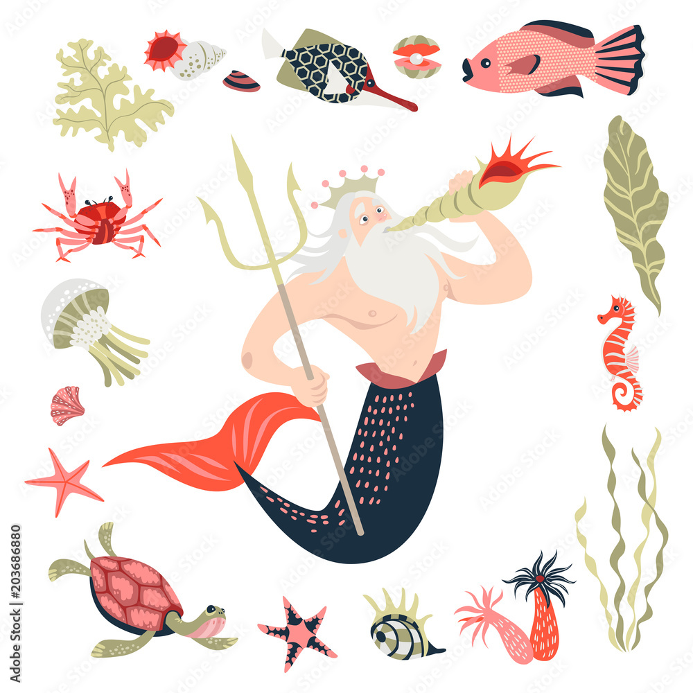 Cartoon triton surrounded by tropical fish, animal, seaweed and corals ...