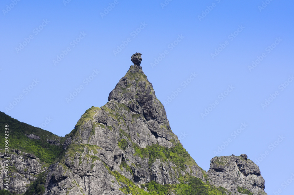 Pieter Both mountain, landmark of Mauritius in close up with blue sky ...