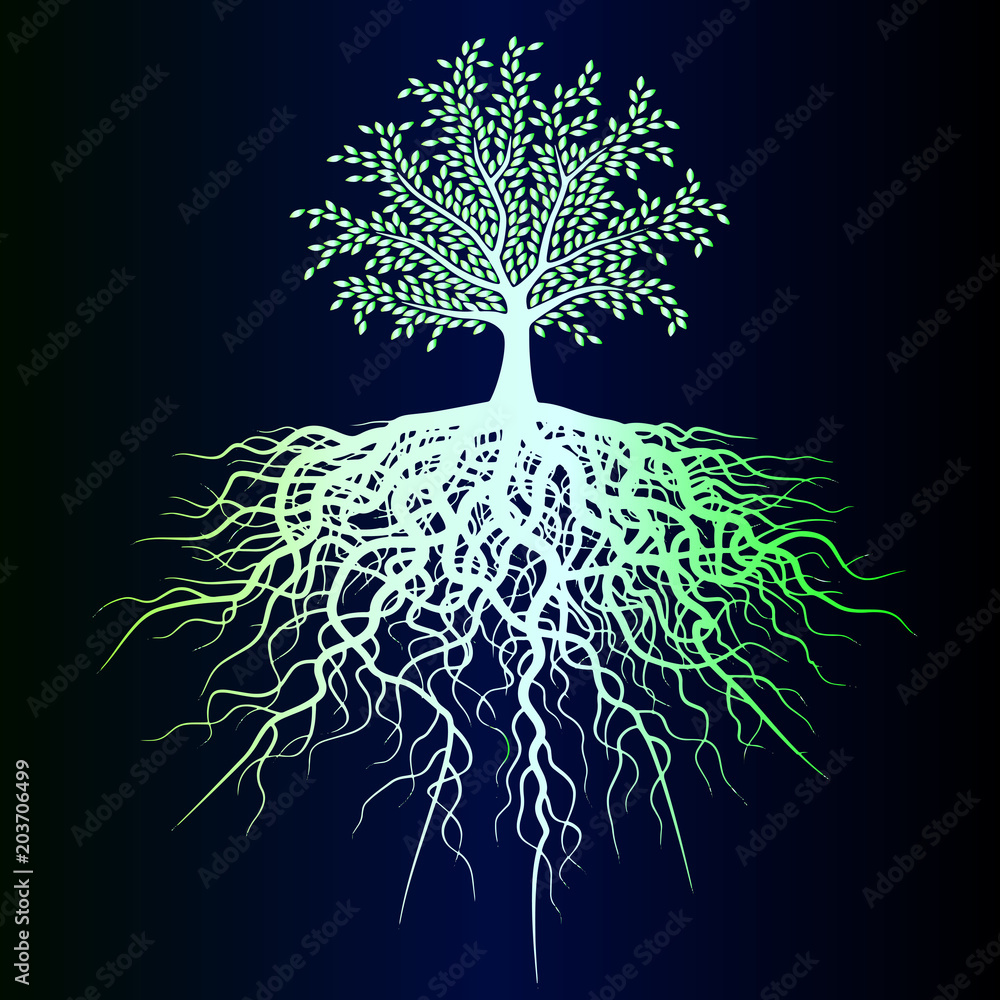 A detailed sketch of the tree of life is green neon. Dense roots ...