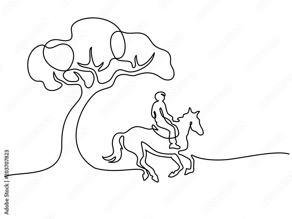 Continuous one line drawing. Horse and rider on horseback under tree ...