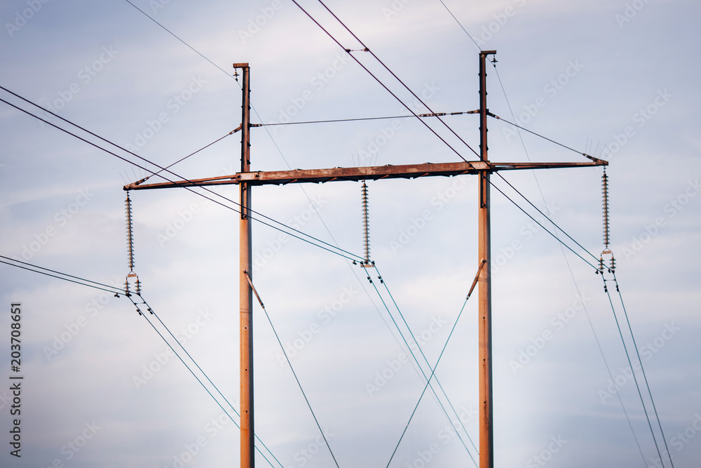 pillar of overhead power lines was built in open areas Stock Photo ...