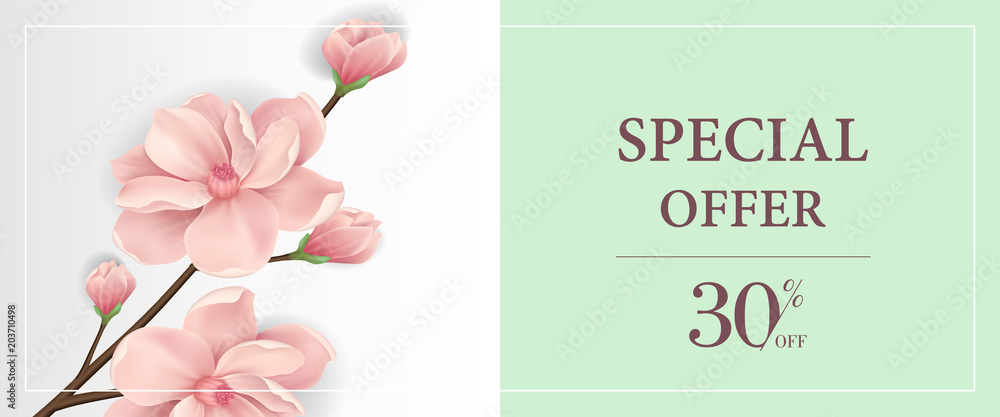 Special offer thirty percent off banner design with pink blooming twig ...