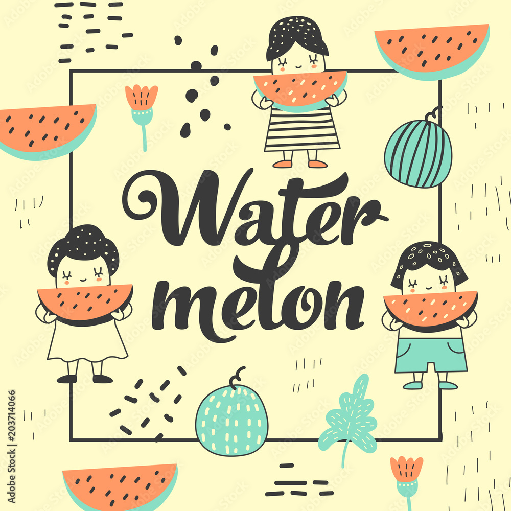 Childish Design with Cute Girls and Watermelons Stock Vector | Adobe Stock