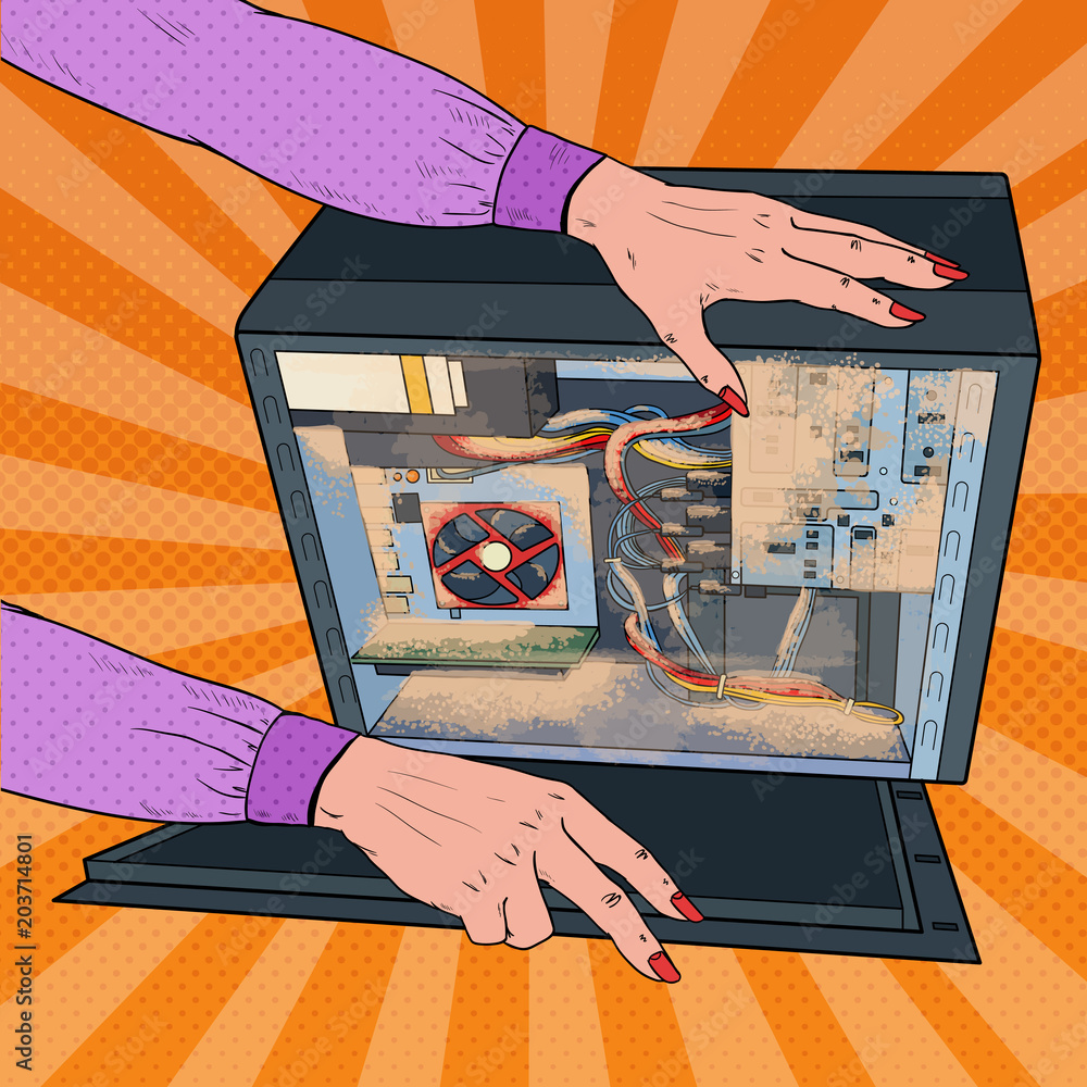 Pop Art Woman Cleaning Dust in PC System Unit. Female Technician ...