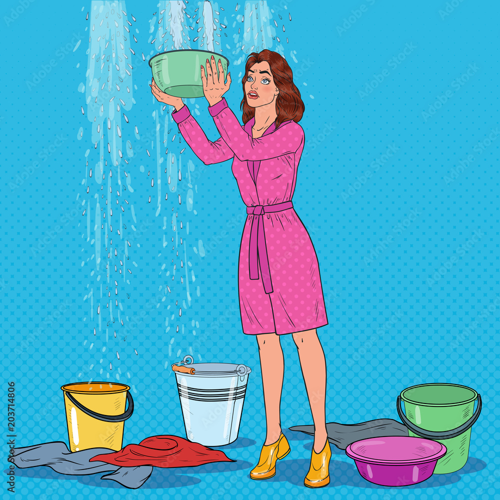 Vetor de Pop Art Worried Woman Holding Bucket and Collecting Water from ...