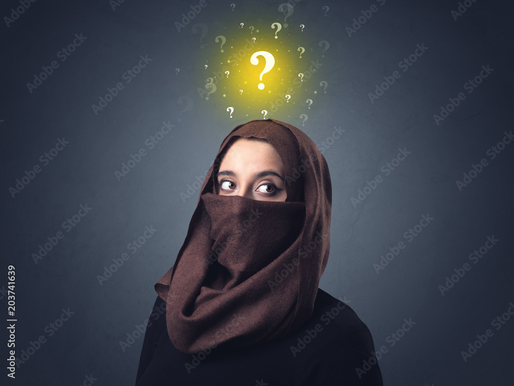 Young muslim woman wearing niqab with yellow question marks above her ...