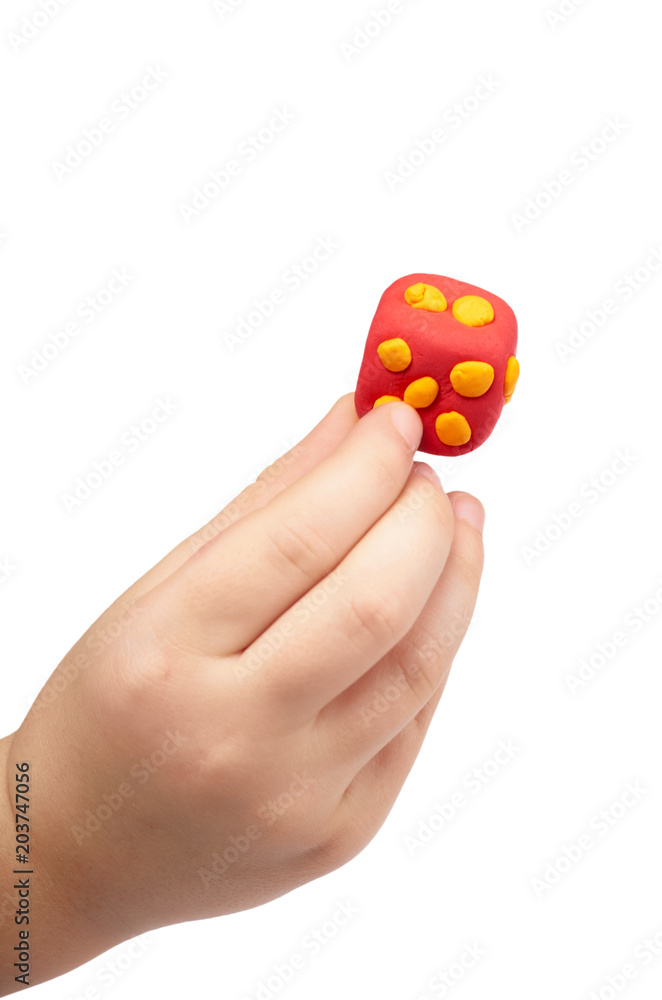 Red dice with kid hand, isoalted on white background Stock Photo ...