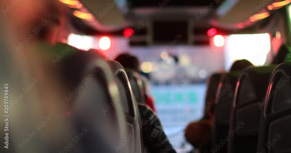 Passenger perspective inside bus. POV of person traveling by bus in 4K2 ...