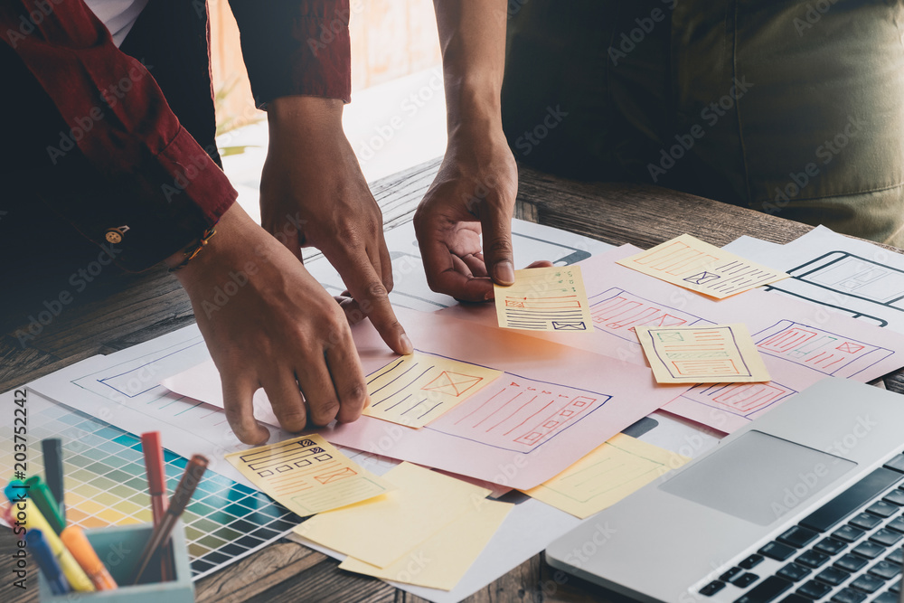 Close up of creative managers crew working with new startup project for ...