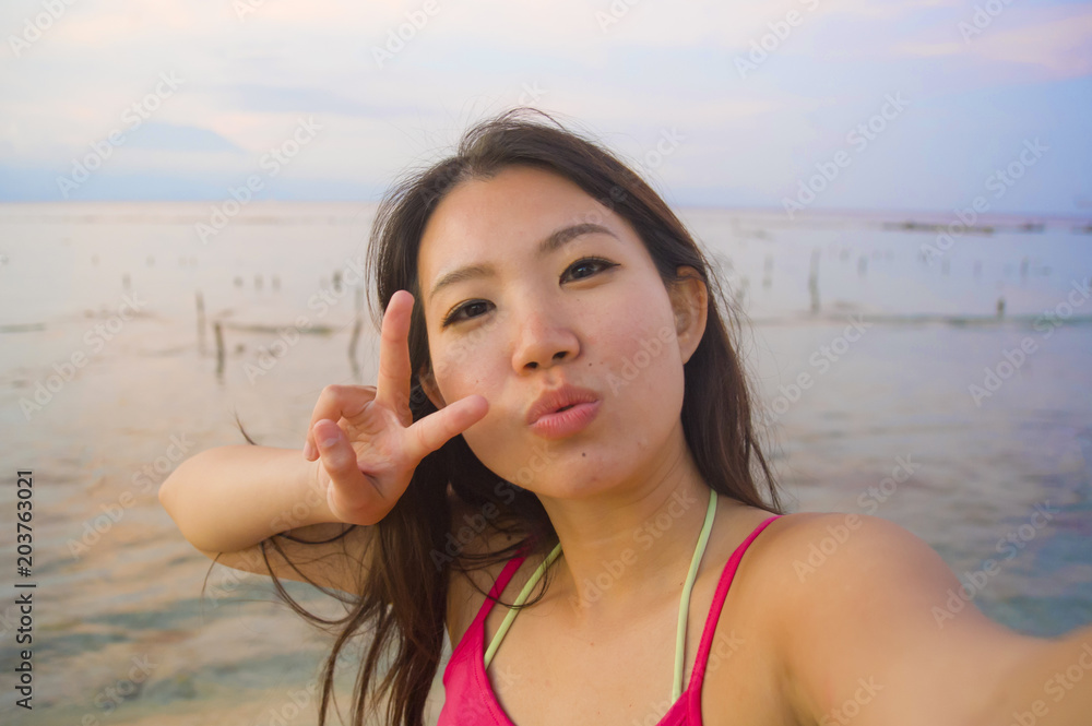 Young Happy And Beautiful Asian Korean Tourist Woman Taking Self