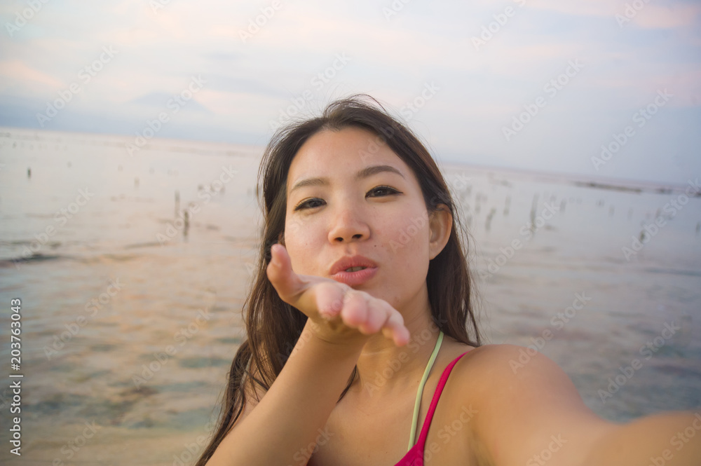 Young Happy And Beautiful Asian Korean Tourist Woman Taking Self