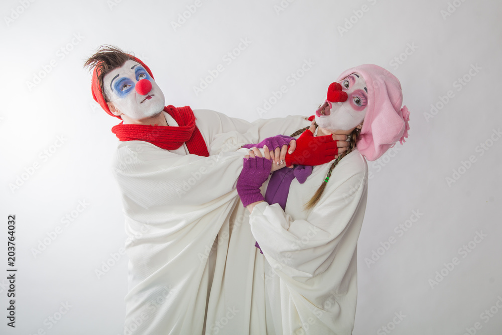 mime boy strangles mime girl. Domestic violence. Mockery. Human ...