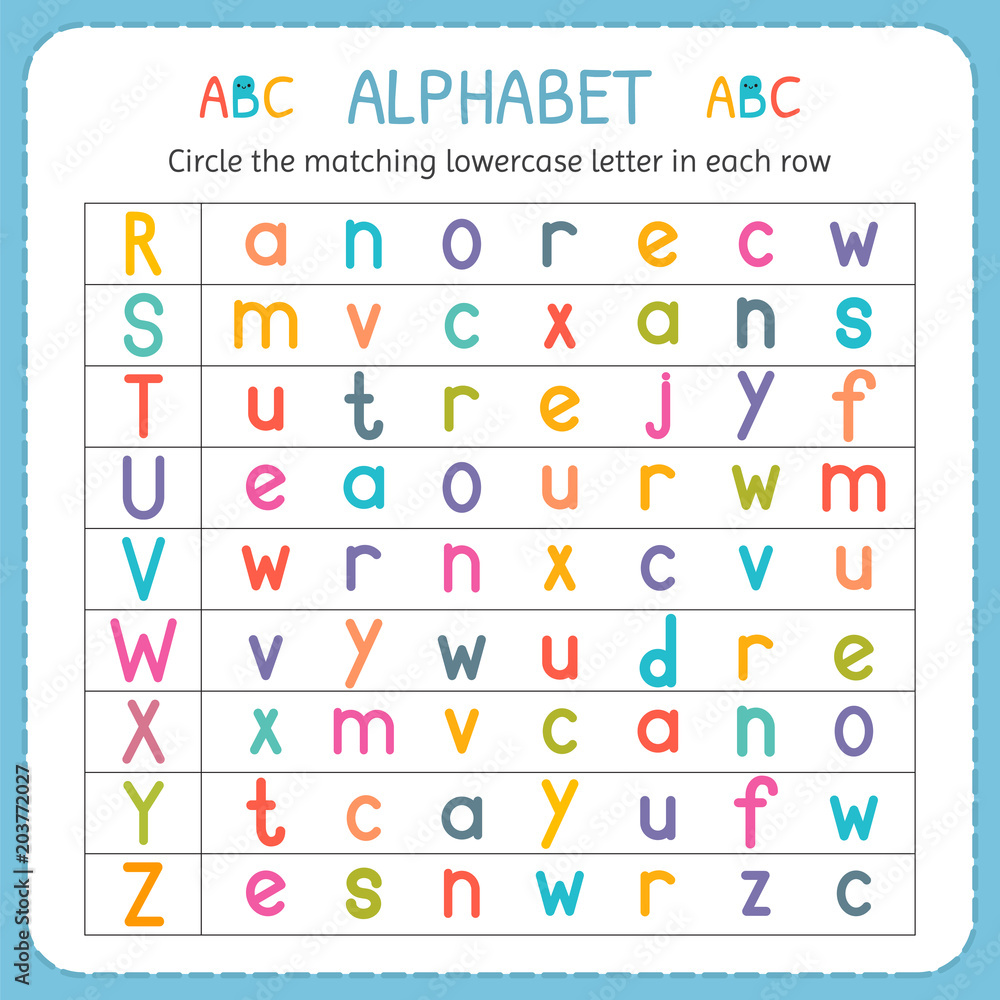 Circle the matching lowercase letter in each row. From R to Z ...