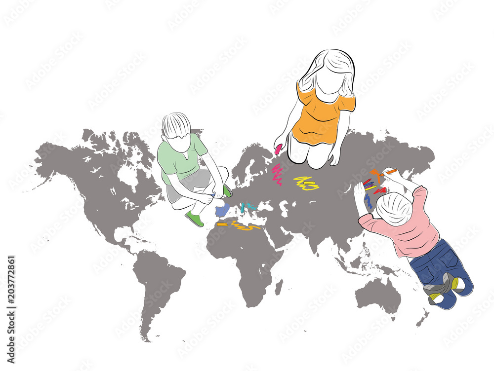children draw a map of the Earth with colored pencils. vector ...