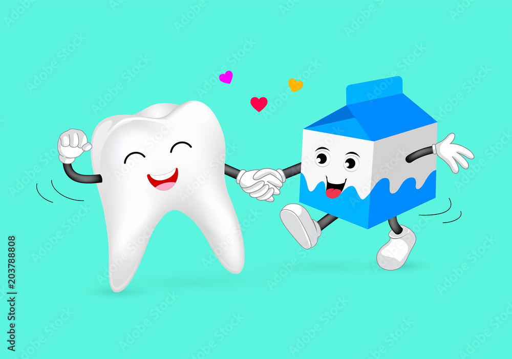 Cute cartoon tooth dancing with box of milk. friends forever. Milk is ...