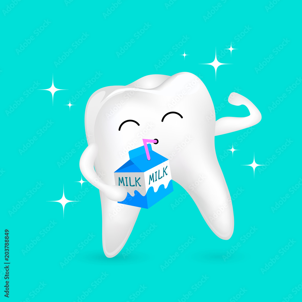 Cute cartoon tooth drinking milk. friends forever. Milk is good for ...
