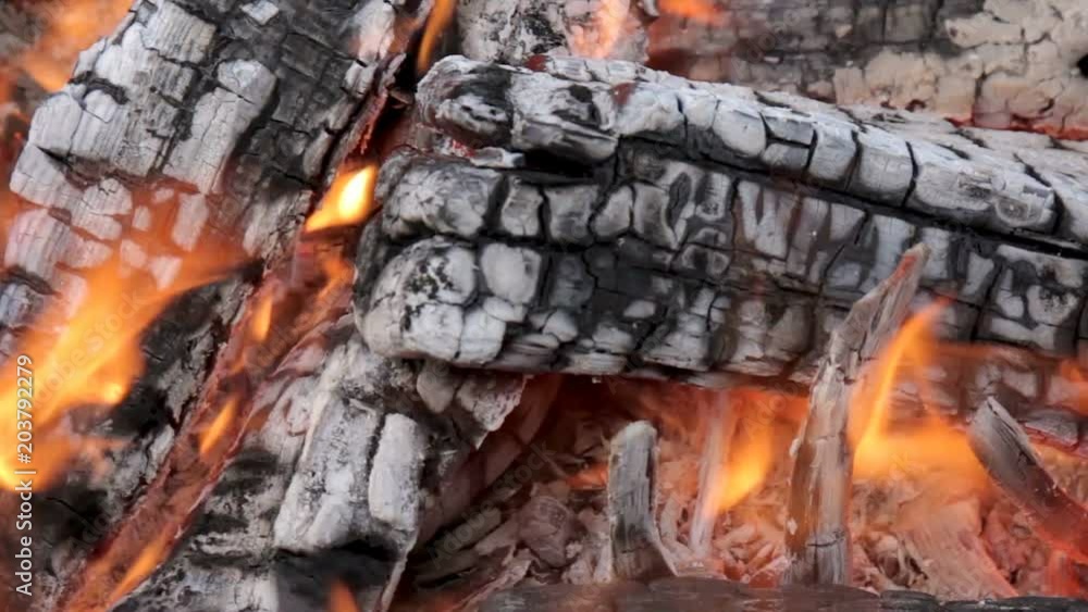 Burning wood log and firewood in a campfire with smoke and flame. Fire ...
