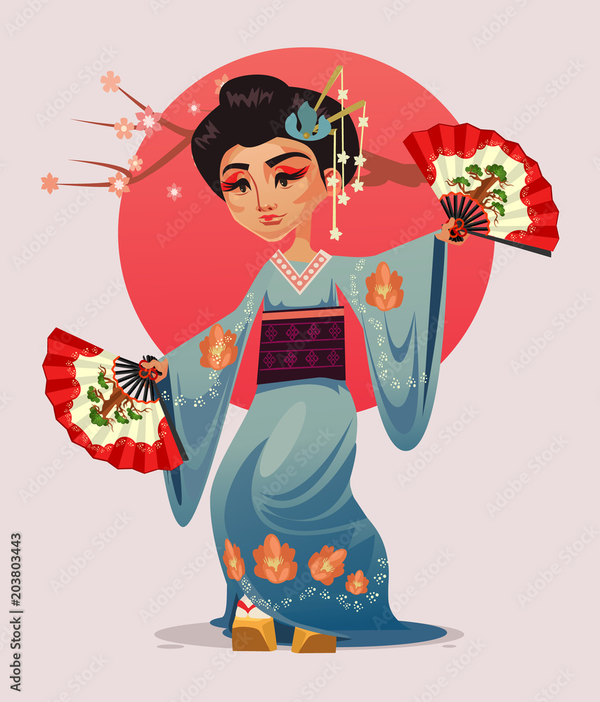 Japanese geisha girl woman character dancing with fans. Vector flat ...