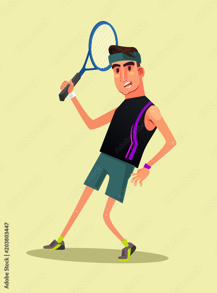 Happy smiling man gamer character play tennis. Vector flat cartoon ...