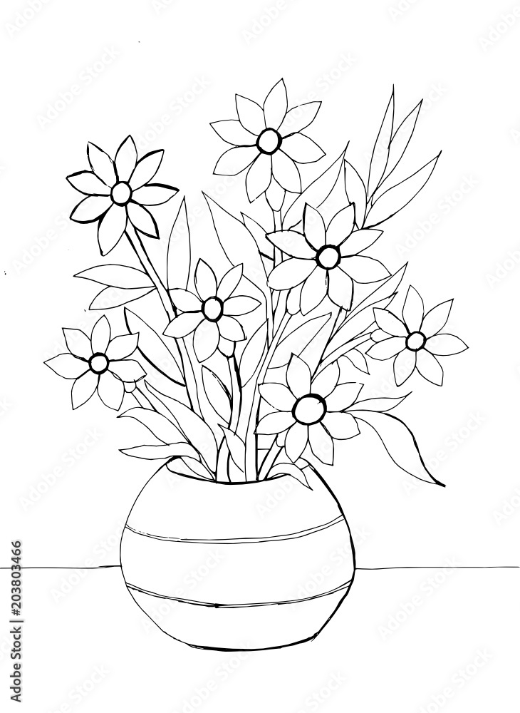 Contour drawing of flowers in a vase Stock Vector | Adobe Stock