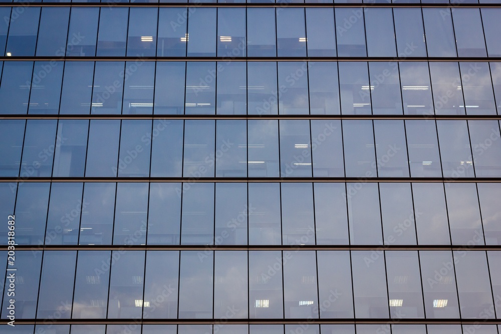 Horizontal view of office building windows front facade in Santiago ...