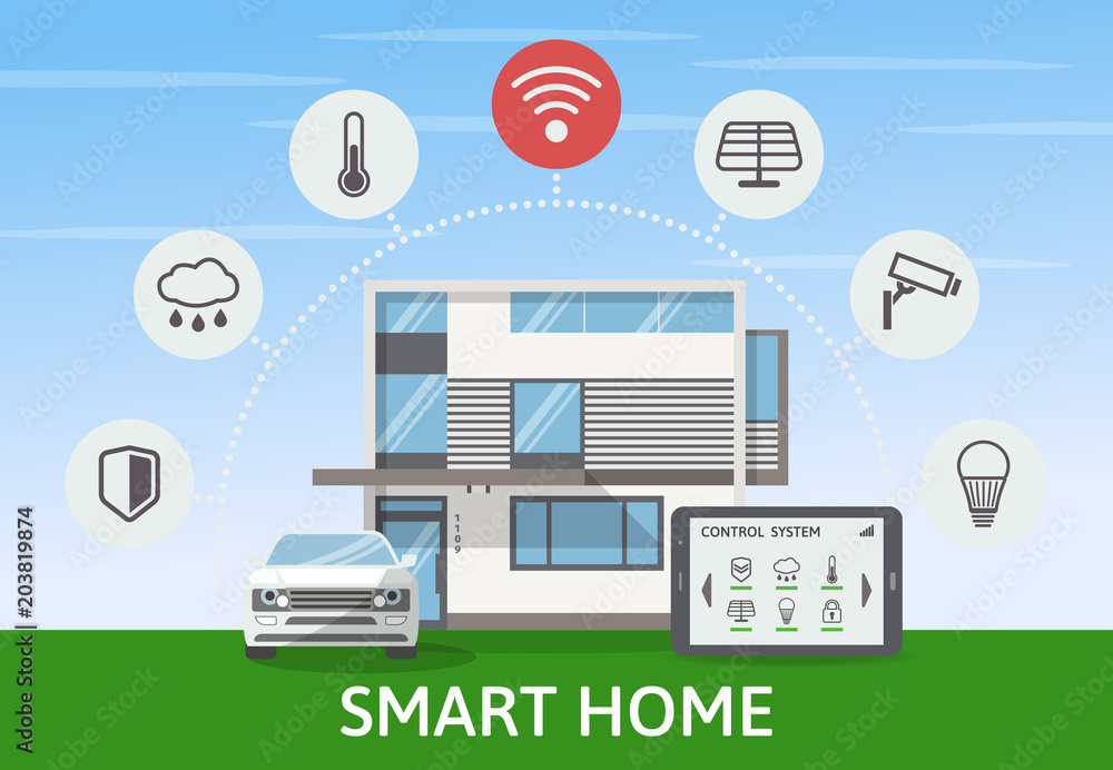 Modern Smart House with car infographic banner. Flat design style ...