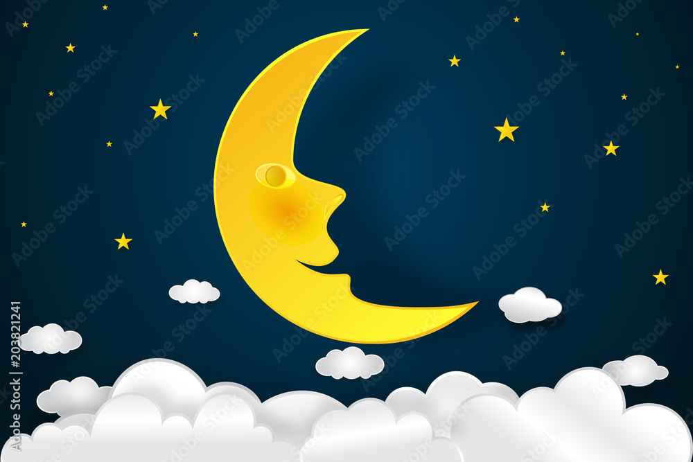 Smile half moon, clouds and stars in the night as paper art and craft ...