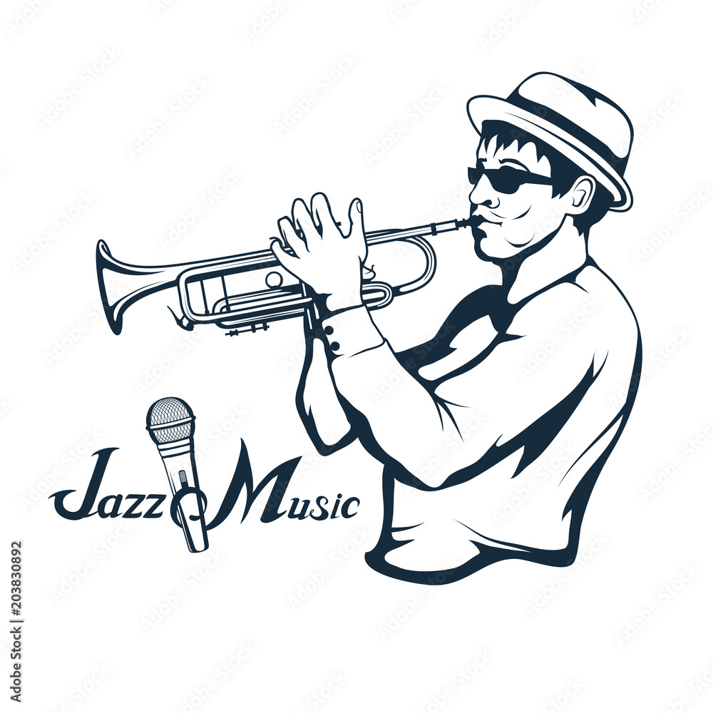 Jazz player with trumpet. Trumpet player. Lettering with a microphone ...