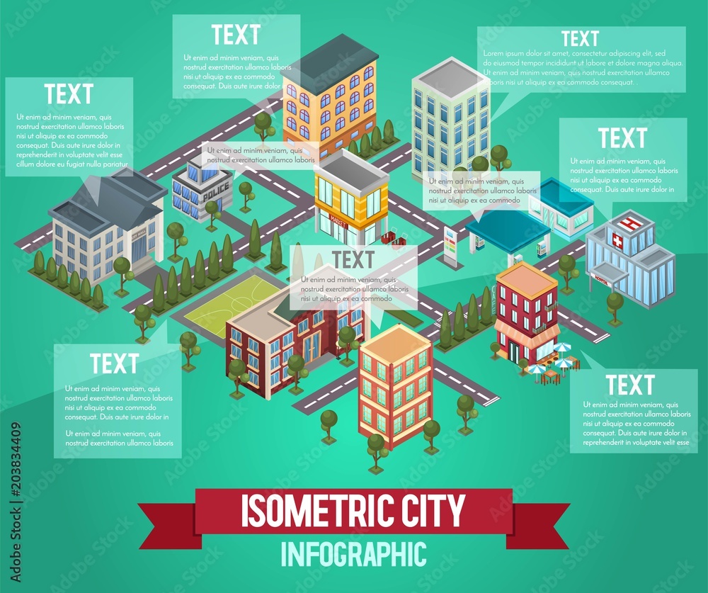 Isometric vector city infographic. Infochart isometric layout. City or ...