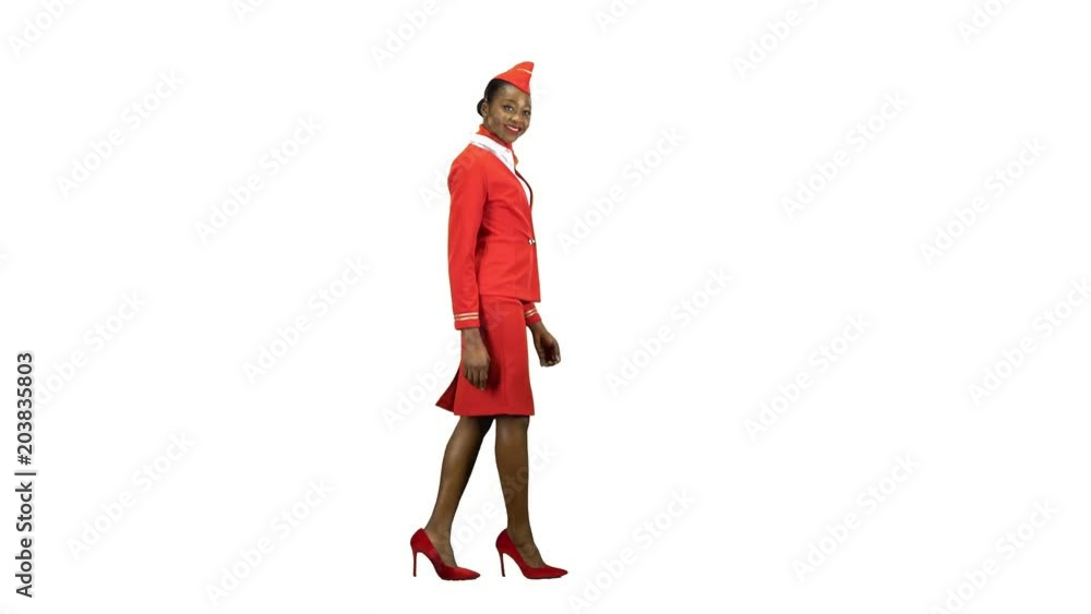 Stewardess goes and welcomes those around her. Alpha channel. Side view ...
