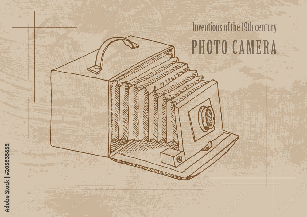 Technical inventions of the 19th century. Photo camera. Poster in retro ...