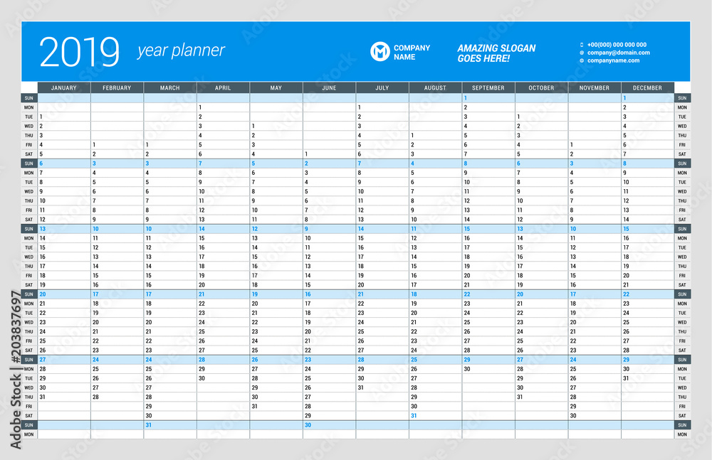 Yearly Wall Calendar Planner Template for 2019 Year. Vector Design ...
