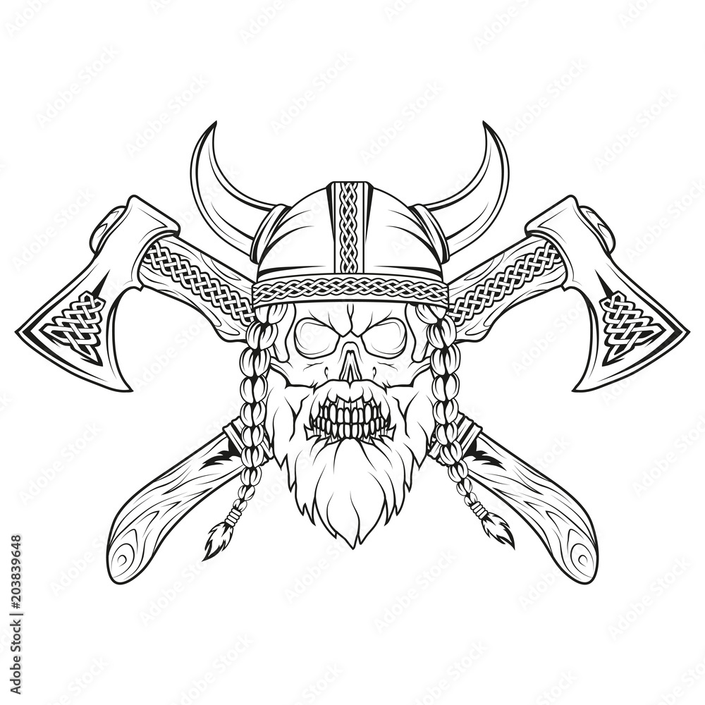 Viking. Hand drawn of a viking in a helmet. Sketch of viking head with ...