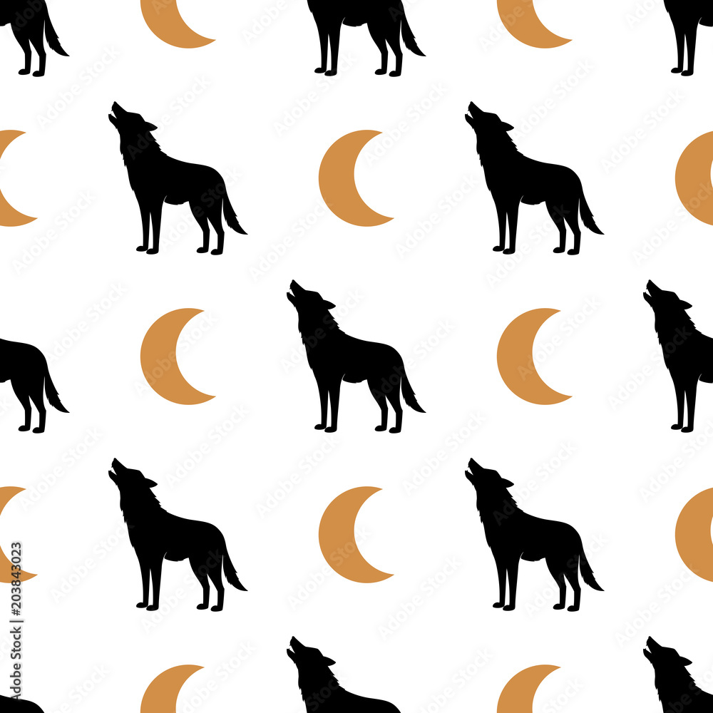 Simple seamless background with a wolf and moon image. Black and gold ...