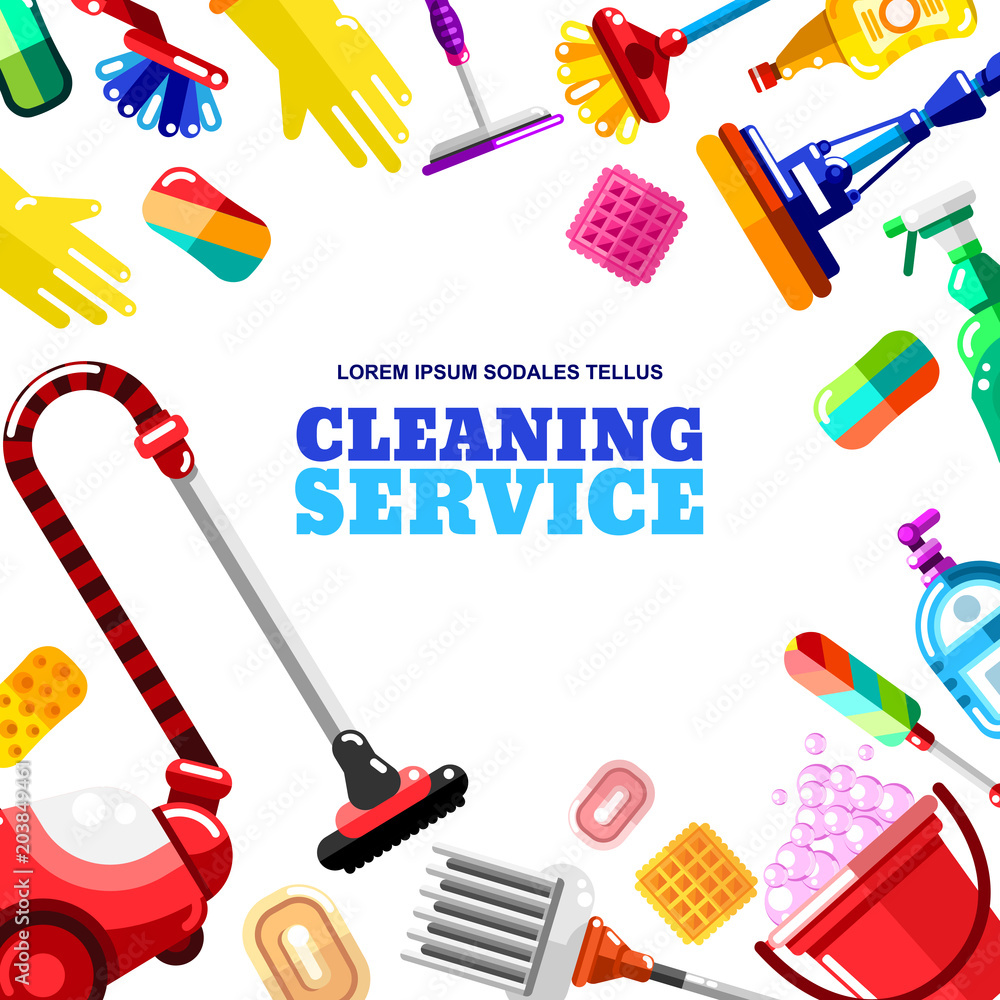 Vector frame with household cleaning tools, detergent and supplies ...