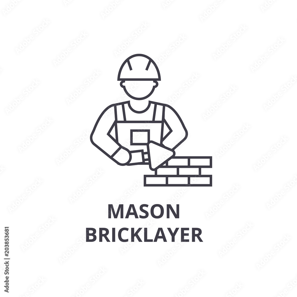 mason bricklayer vector line icon, sign, illustration on white ...