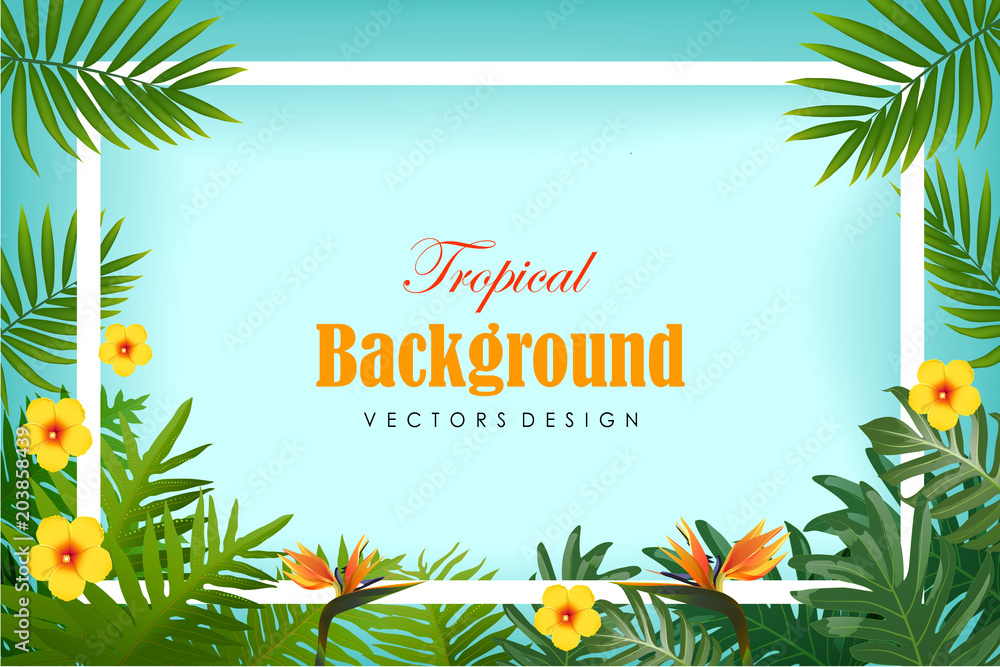 Exotic tropical leaf and frower border background in greeting template ...