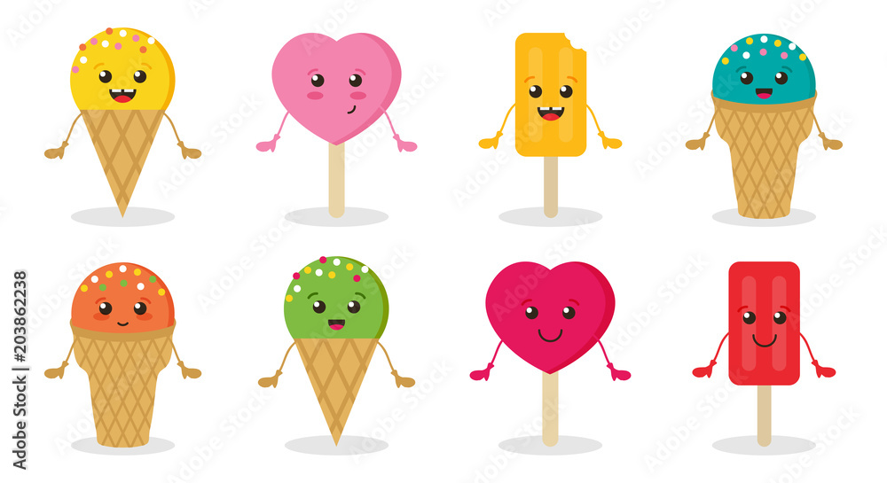 Set, collection of cute, funny vector cartoon ice cream characters ...