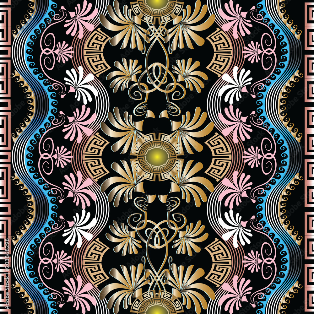 Vintage greek flowers vector seamless pattern. Geometric abstract ...