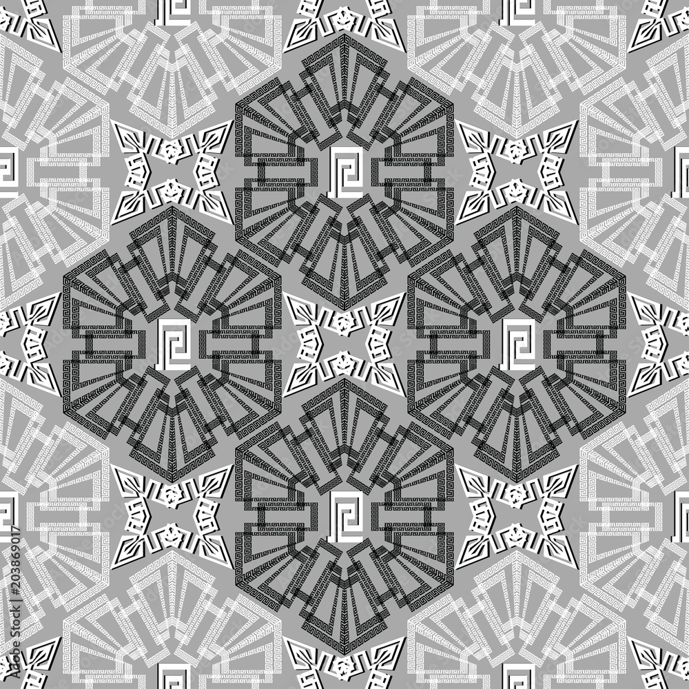 Geometric abstract greek vector seamless pattern. Grey patterned ...