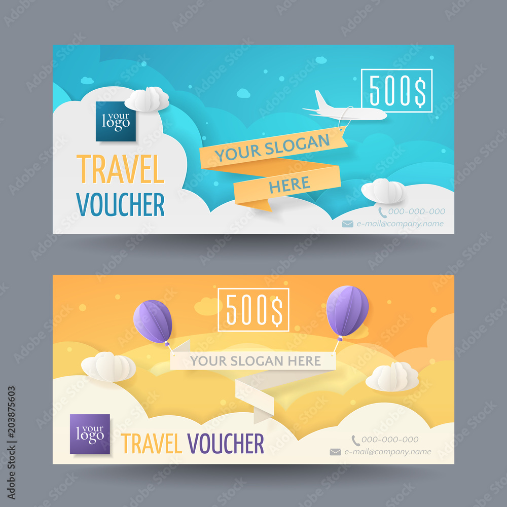 Set of modern travel vouchers in the paper style with an airplane ...