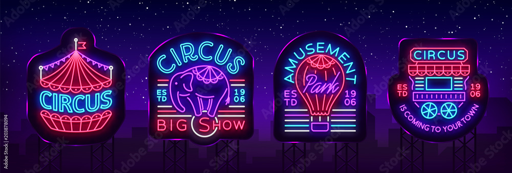 Circus collection of neon signs. Set of logos for circus in neon style ...