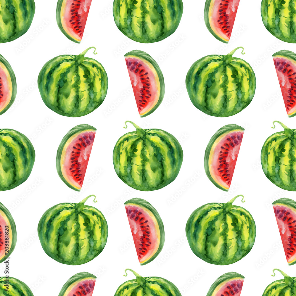 Seamless watercolor watermelons pattern, slices and whole, hand drawn ...