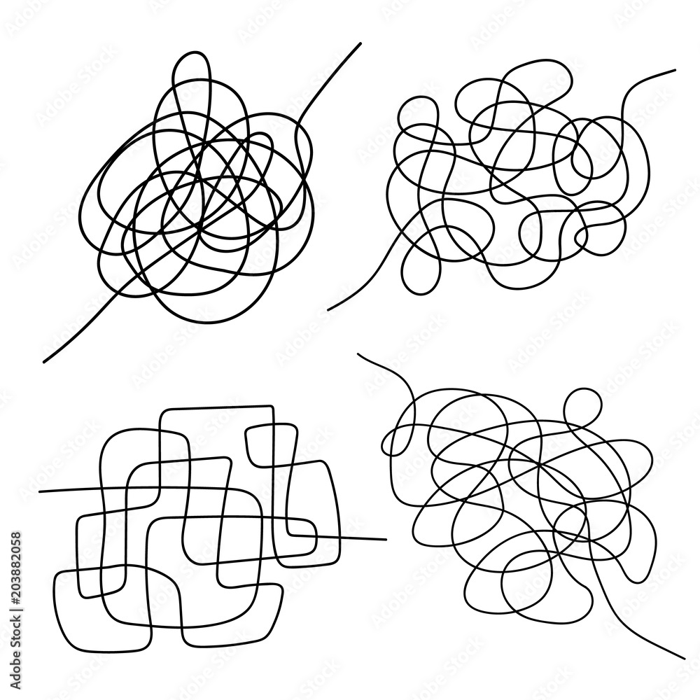 Set of hand drawn tangle scrawl sketch. Black line abstract scribble ...