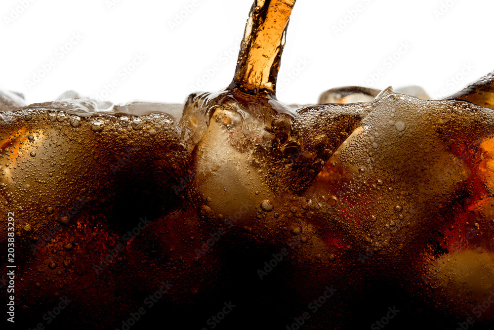 Pouring cola soda with ice and bubble on front view white background ...