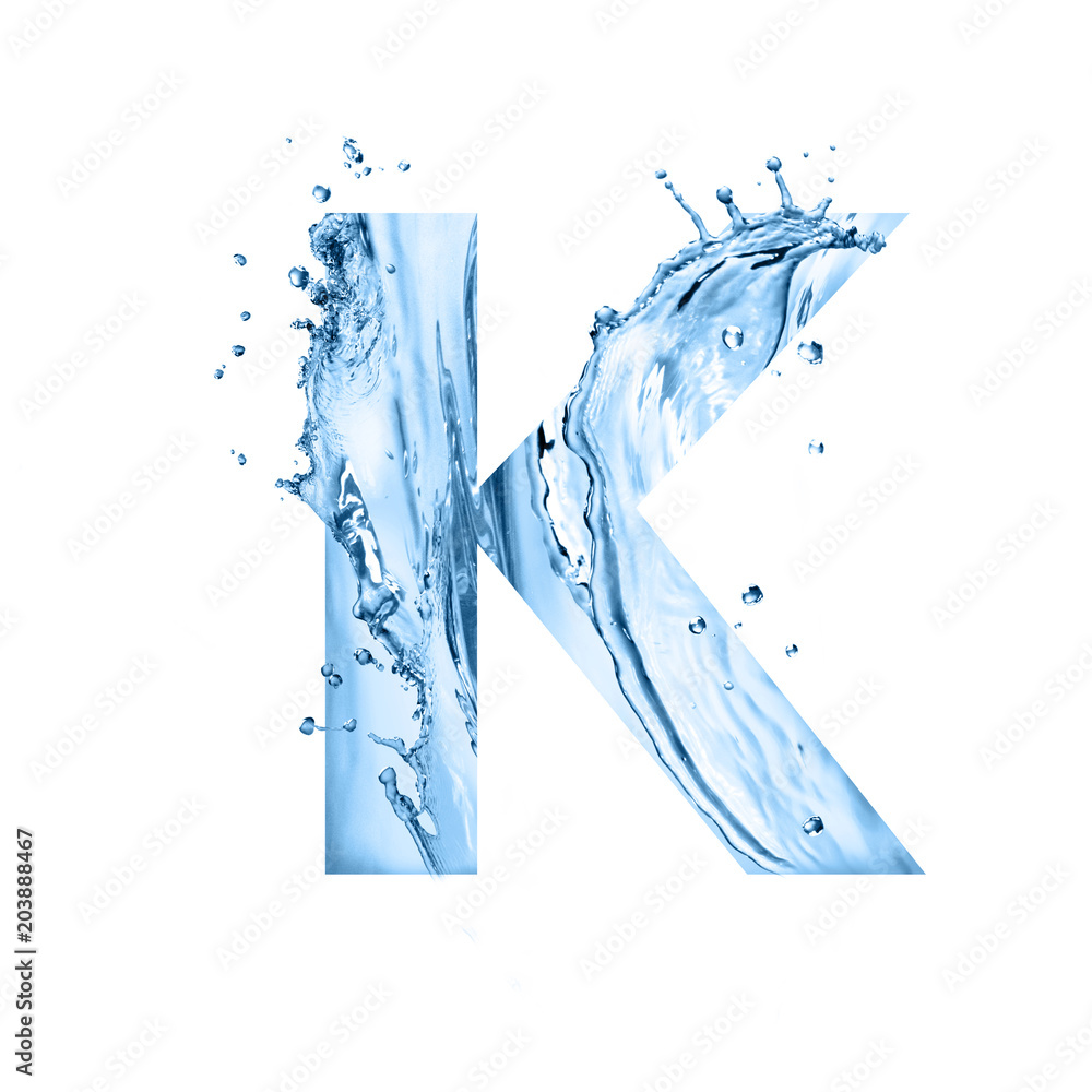 stylized font, text made of water splashes, capital letter k, isolated ...
