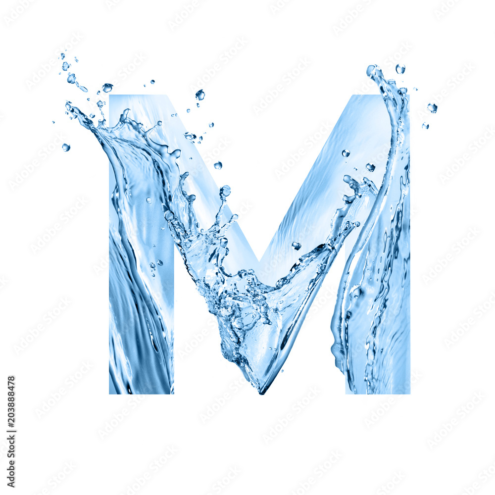 stylized font, text made of water splashes, capital letter m, isolated ...