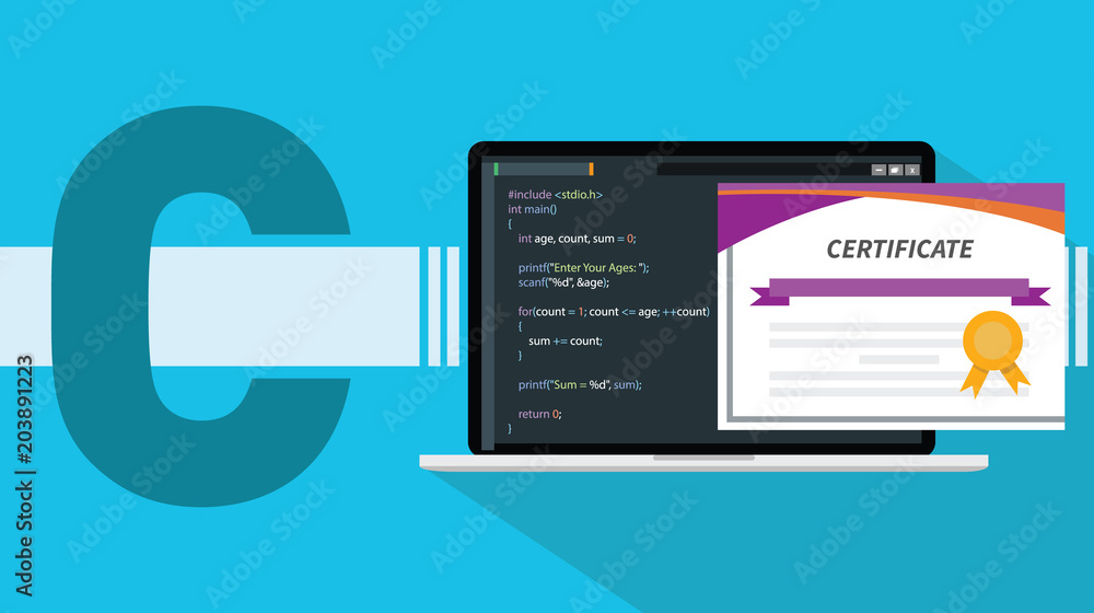 c sharp programming language certificate with laptop and code script on ...