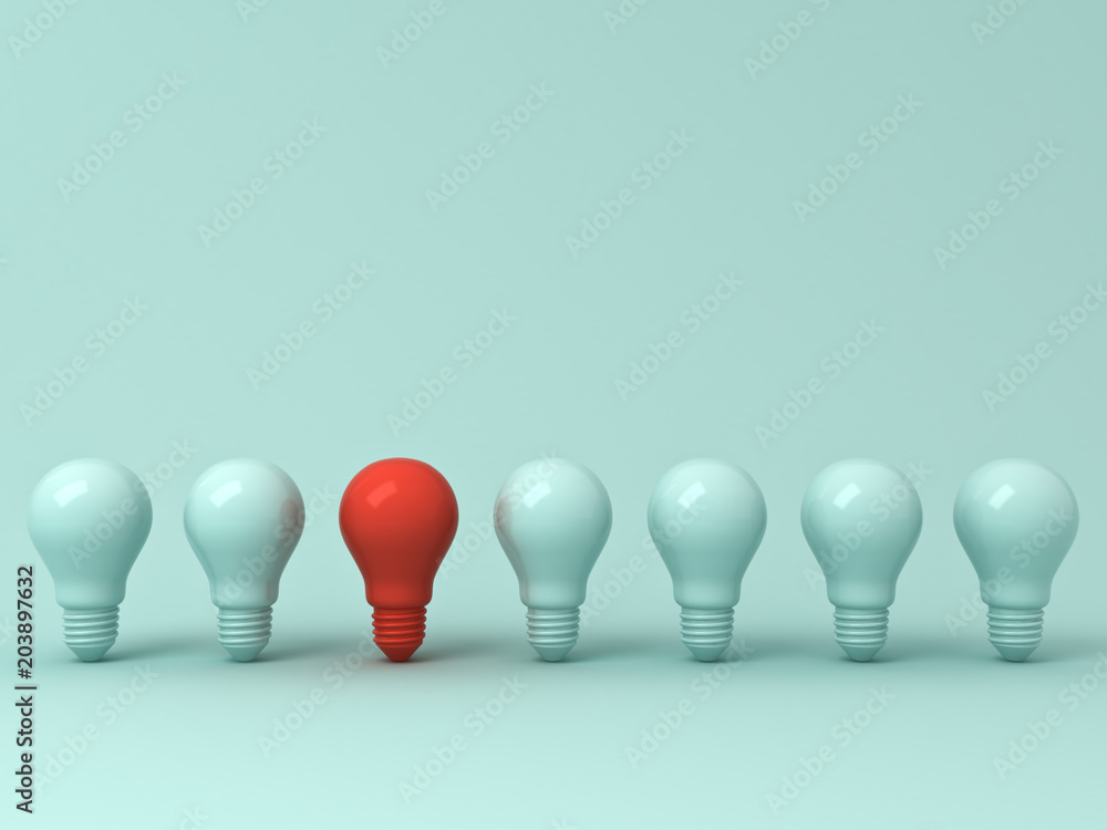 Think different concept , One red light bulb standing out from the ...